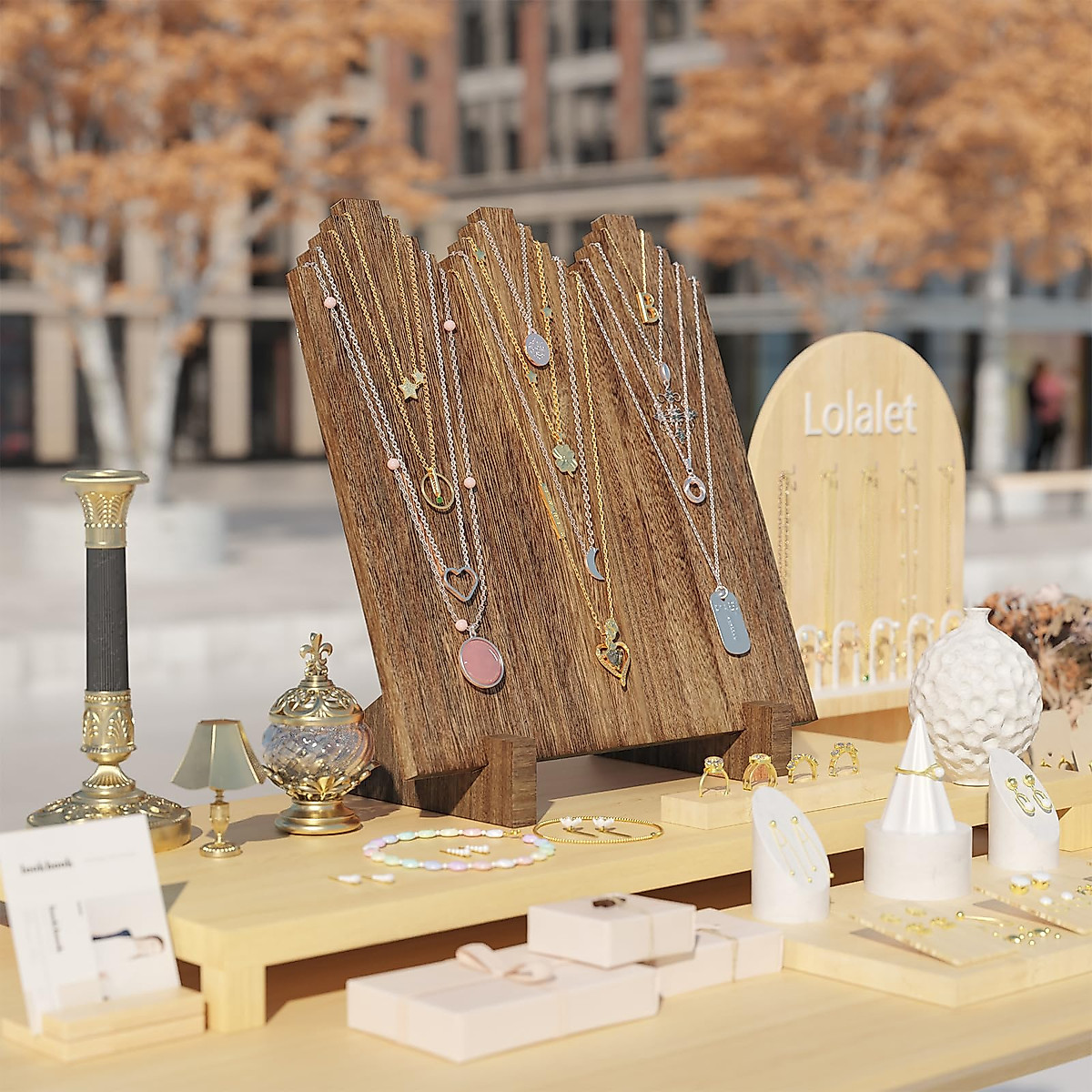 Lolalet Wooden Necklace Display Stands for Selling, Freestanding Multiple Necklaces Stands and Displays for Vendors, Jewelry Displays Holders for Craft Show -1 Pack, Oak