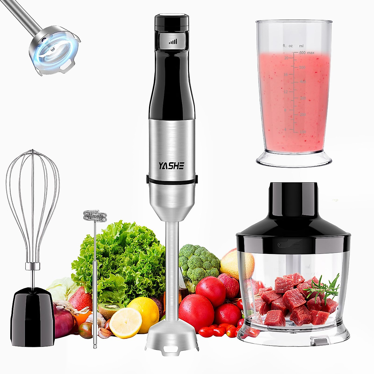 YASHE Immersion Blender Handheld, 5 in 1 Hand Blender, Continuously Variable Speed, Stainless Steel Blender Stick, 400W Powerful Motor, Emulsion Blender with Chopper, Whisk and Milk Frother for Soups