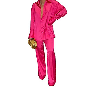 GTMRINJN Women's Long Sleeve Button Down Sleepwear Loose Satin Tops and Wide Leg Pants Set 2 Piece Loungewear Pjs Rose Red M