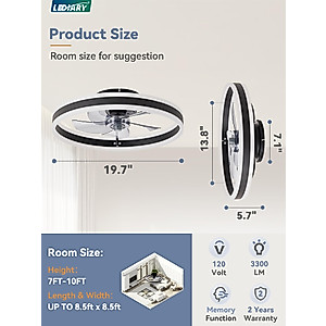 LEDIARY Low Profile Ceiling Fans with Lights, Flush Mount Modern Ceiling Fan and Remote Control, 19.7" LED Ceiling Fans, Stepless Dimmable 3 Colors and 6 Speeds - Black