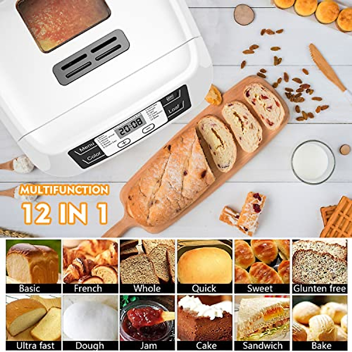 Bread Machine,AUMATE 2LB Bread Maker,with 12 Presets,Gluten-Free Setting,Auto Fruit Nut Dispenser & Nonstick Pan,2 Loaf Sizes,13H Reserve & 1H Keep Warm (Milky White)