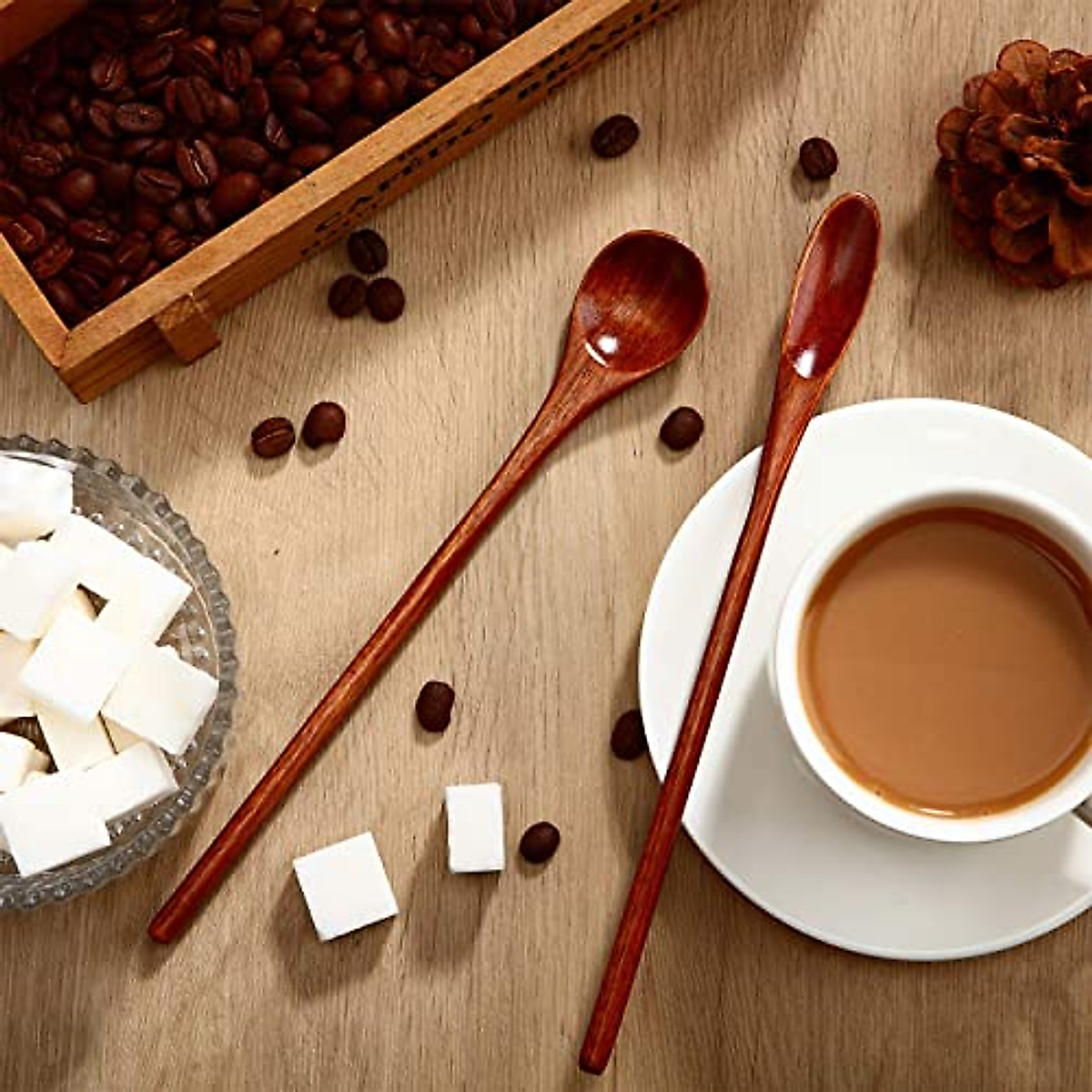 Wooden Coffee Spoons Long Handle Wooden Mixing Spoon Long Handle Wooden Teaspoon Handmade Wood Stirring Spoon for Kitchen Stirring (6)