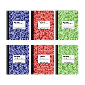Oxford Composition Notebook 6 Pack, Wide Ruled Paper, 9-3/4 x 7-1/2 Inches, 100 Sheets, Assorted Marble Covers, 2 Each: Blue, Green, Red (63762)