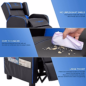 VIT Kids Recliner, Gaming Recliner Chair w/Footrest, Headrest, Lumbar Support & Side Pockets, Ergonomic Leather Lounge Chair for Living & Gaming Room, Adjustable Recliner Sofa for Boys Girls, Blue