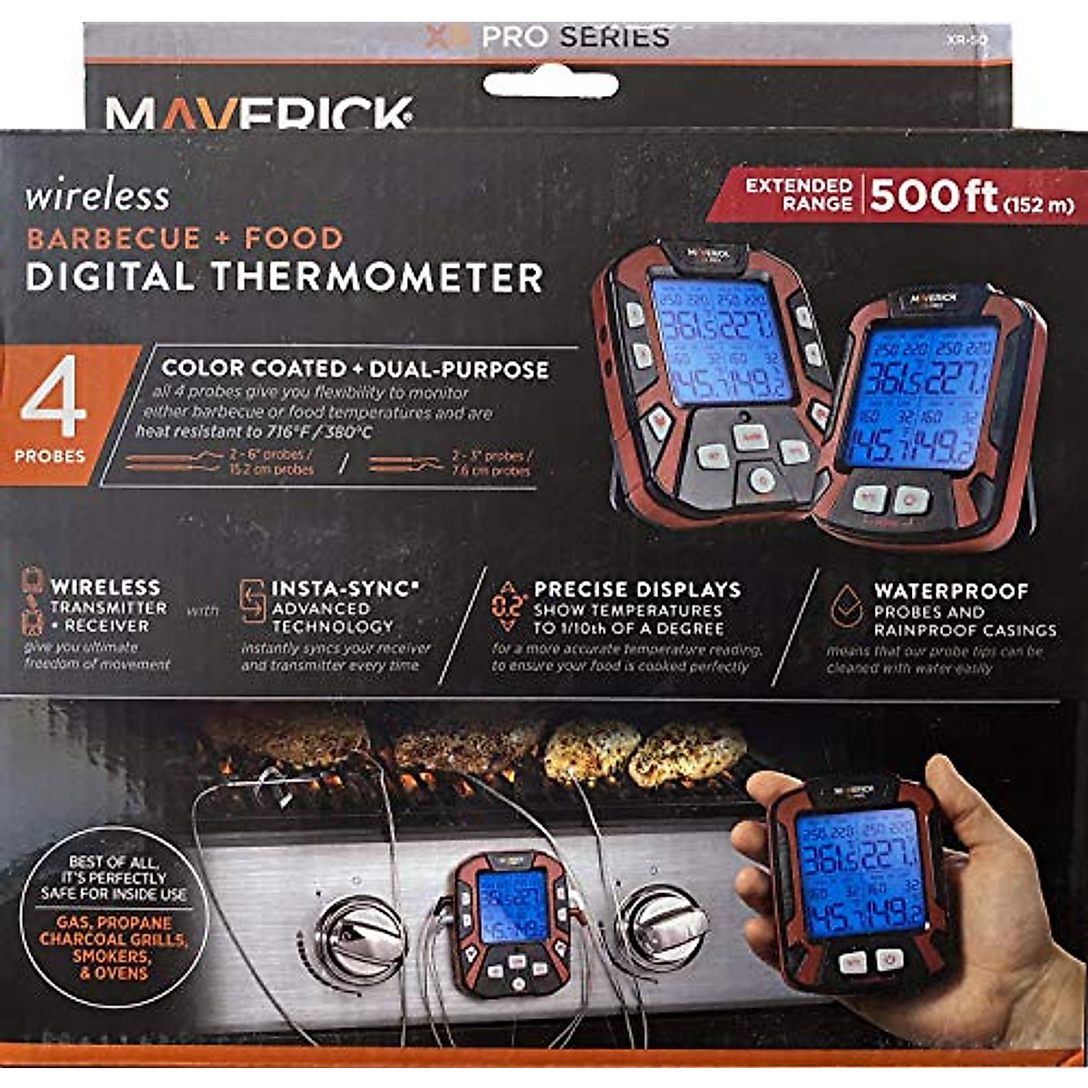 Maverick PRO-Series XR-50 Extended (500FT Range, 4 Probe) Digital Remote Wireless BBQ, Meat & Smoker Thermometer, Black/Red and Z-Cloth Bundle