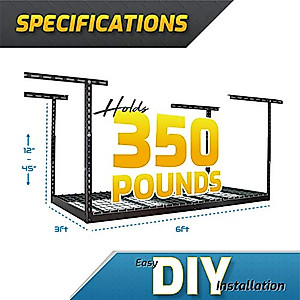 MonsterRax Overhead Garage Storage Rack - Heavy Duty Racks for Garage with 400 lb Capacity, Easy Garage Shelving, Adjustable Storage Rack, Ceiling Mount Storage Shelves 3x6 Hammertone (18"-33")