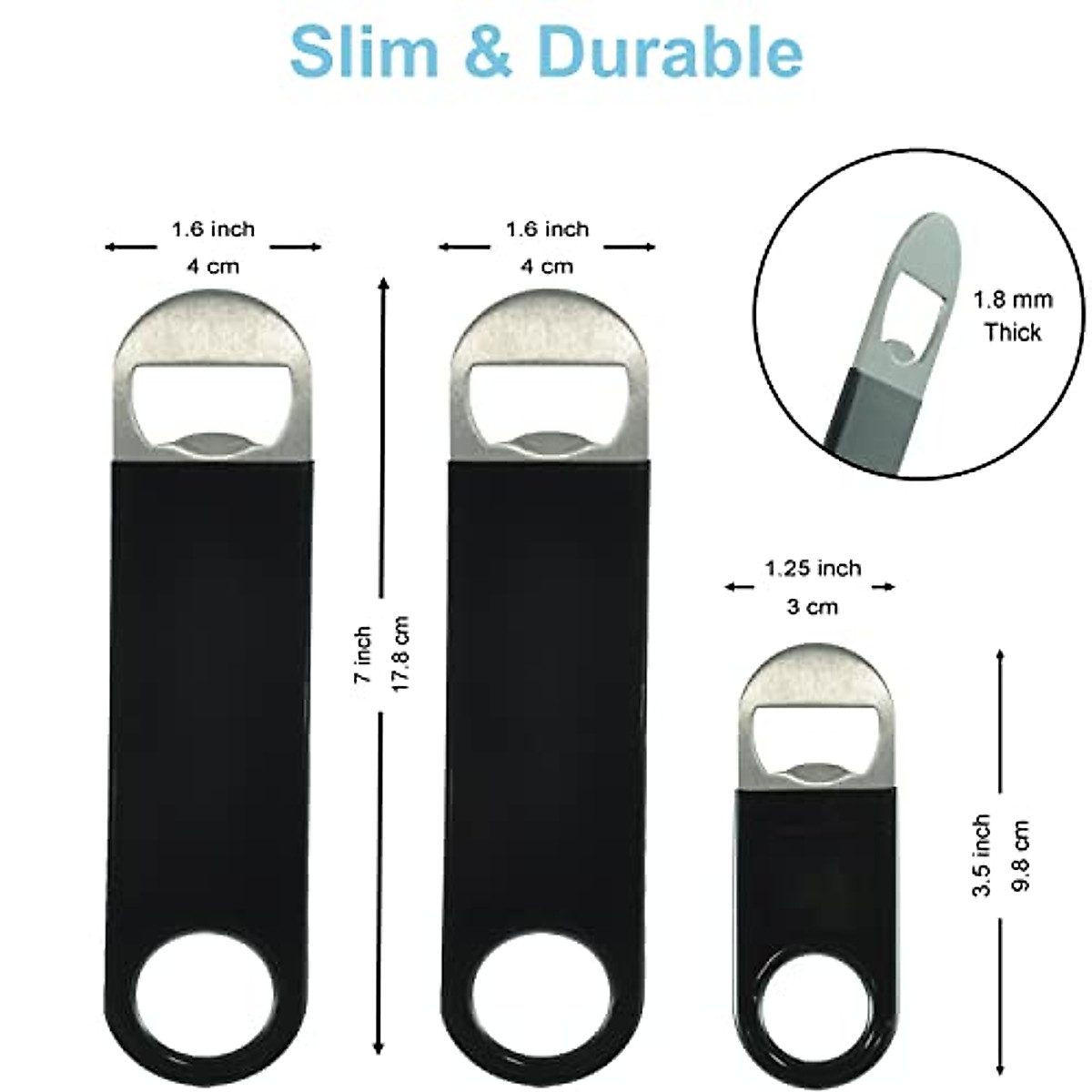 ProSMF Flat Bottle Opener - Bottle Opener for Bartender - Beer Bottle Opener - Stainless Steel - Heavy Duty - Vinyl Rubber Coated Handle - Black - 3 Pack - 2 Large & 1 Mini