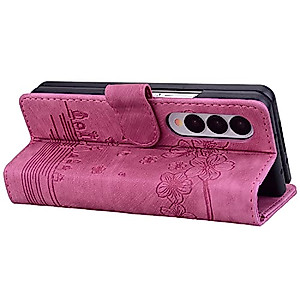 EAXER for Samsung Galaxy Z Fold 3 Case, Shockproof Sakura Leather Card Slots PU Wallet Case Cover (Rose)