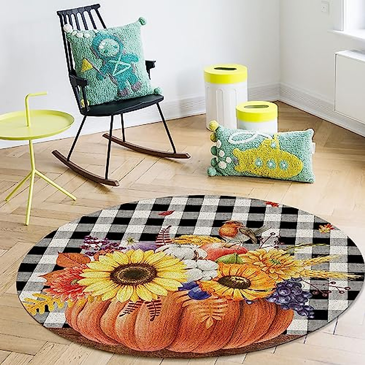 Pumpkin Plaid Large Area Rugs Carpet 3 Feet for Bedroom Living Room,Accent Throw Kitchen Hallway Bathroom Runner Rug Low Pile Entryway Door Mat Floor Doormat,Thanksgiving Fall Farmhouse Bird Sunflower