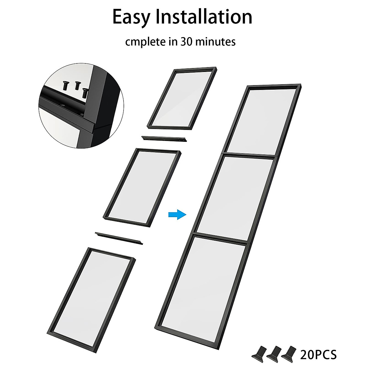JUBEST 36 x 84 Inch Double Barn Door with 6FT Hardware Kit and Soft Close Mechanism Include, 2 Sets of 18in x 84in 3-Paneled Frosted Glass with Carbon Steel Frame Barn Door, Easy to Install