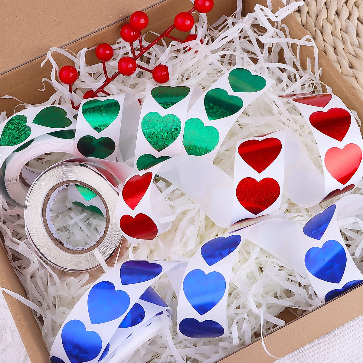 Hearts Stickers, 1500 PCS Glitter Valentine Stickers, 1” Red Blue Green Roll Self Adhesive Heart Shaped Love Labels for Adult Kids Valentine's Day Anniversaries Wedding Envelope Seal Decoration Decor