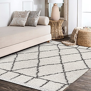 JONATHAN Y MCR101B-3 Mercer Shag Plush Tassel Moroccan Geometric Trellis Indoor Area-Rug Bohemian Contemporary Easy-Cleaning Bedroom Kitchen Living Room, 3 X 5, Cream/Grey
