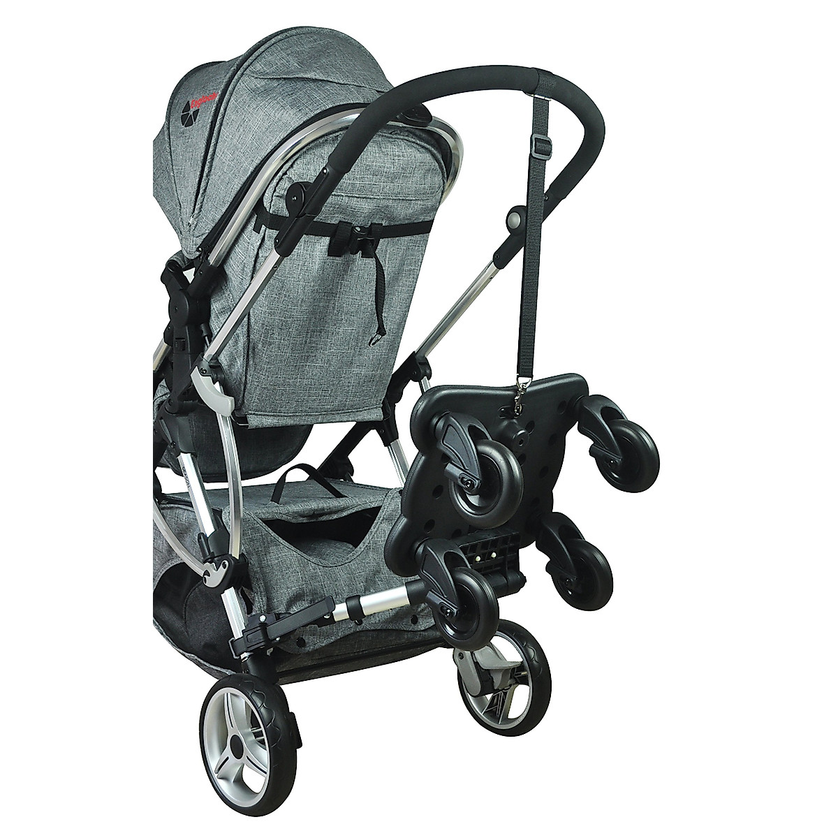 Englacha 2-in-1 Cozy 4-Wheel Rider, Black - Child Rider Stroller Attachment with Saddle Seat and Standing Platform - Universal Fit for Most Prams - Quick and Easy to Use - Designed for Safety