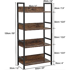 VANSPACE Bookshelf 4 Tier Industrial Bookcase Rustic Wood and Metal Standing Bookshelf with Back Panel Book Shelf for Bedroom, Home Office Storage Rack Shelf, Rustic Brown