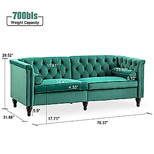 TTGIEET 76'' W Velvet Sofa Mid-Century Modern Love Seats, 3 Seater Sofa Couch with Two Bolster Pillows, Tufted futon Sofa Furniture for Living Room Bedroom Office （Green）