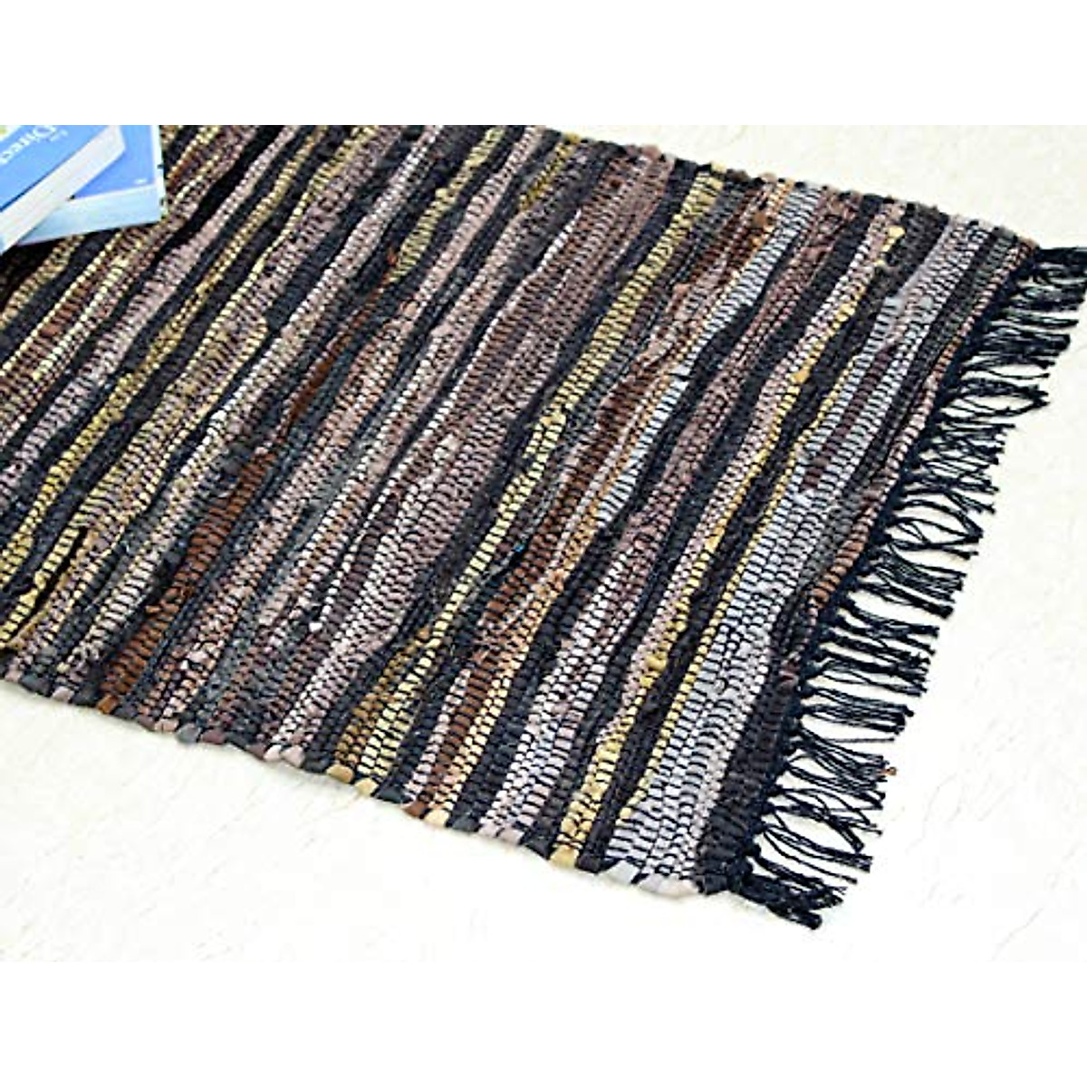 COTTON CRAFT Leather Chindi Area Rug - Boho Farmhouse Rustic Accent Rug - Handwoven Reversible Natural Recycled Leather Throw Rug - Entryway Living Room Dorm Study Gift - 24 x 36 Inch - Tan Multicolor