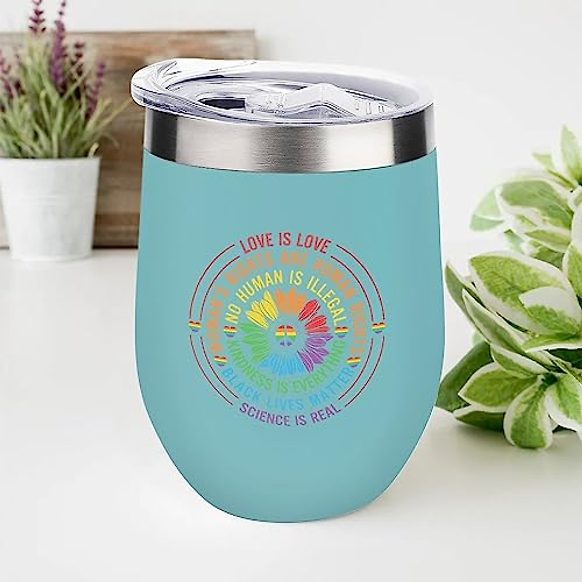 Mighun Love Is Love Rainbow Sunflowers Wine Tumbler with Lid, Gay Pride LGBT Equality Lesbian Vacuum Coffee Tumbler, Gay Pride Stemless Insulated Wine Glasses Cup for Champaign, Cocktail, Beer