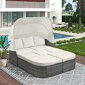 GODAFA Sunbed 6-Piece Outdoor Patio Furniture Set, All-Weather PE Rattan Conversation Sectional Sofa, Dining Table, Chair, and Bench with Cushions for Backyard Porch Poolside, Beige