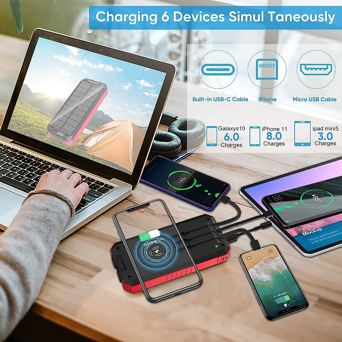 Solar Charger Power Bank OIMYE Solar Phone Charger 30000mAh, Type C Quick Charge 3.0, Wireless Portable Charger Power Bank with External 3 Cables & Flashlight for iPhone, Android, Tablet, Camping