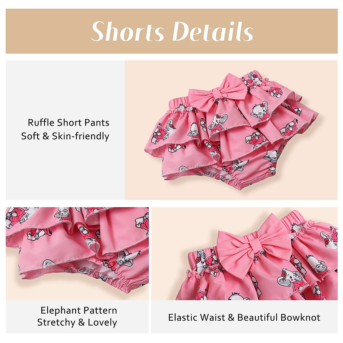 PENNSOY Baby Girl Clothes Newborn Infant Elephant Print Summer Outfits Ruffle Short Sleeve Romper Jumpsuit with Headband 3PCS Pink 3-6M
