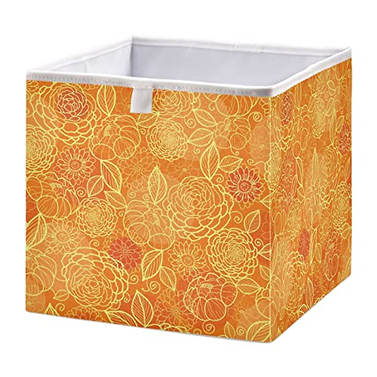 Orange and Golden Flowers Storage Bins Cubes Storage Baskets Fabric Foldable Collapsible Decorative Storage Bag with Handles for Shelf Closet Bedroom Home Gift 11" x 11" x 11"