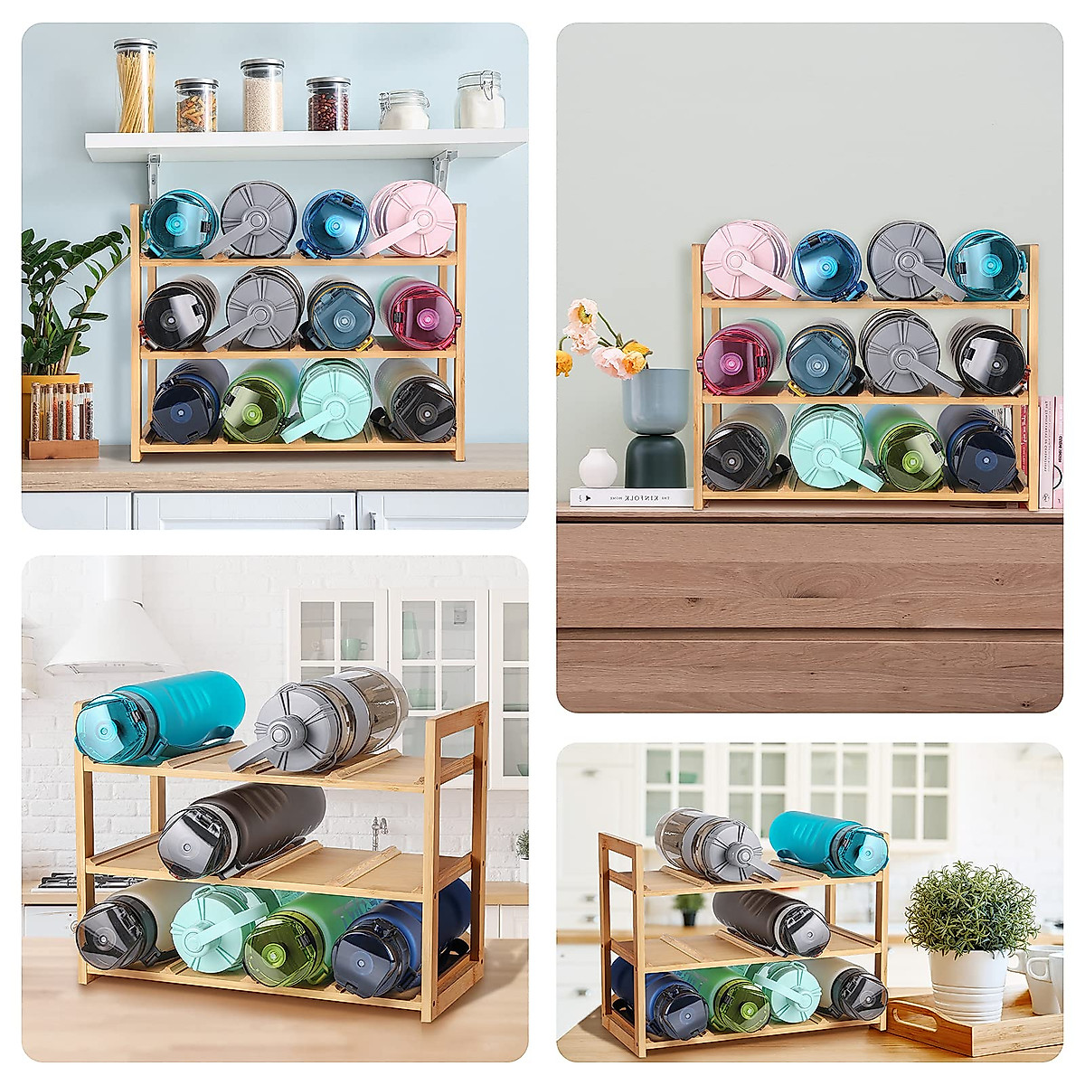 Ackitry 12 Water Bottle Organizer, Freestanding Bamboo Water Bottle Holder Rack, Sturdy Water Cup Stand Storage for Cabinet, Kitchen Countertops, Table Top, Pantry (for 12 Bottles)