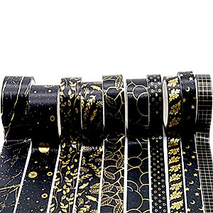 VEYLIN 10Rolls Black Gold Washi Tape, Premium Mixed Size Decorative Masking Tape for Scrapbook Journal