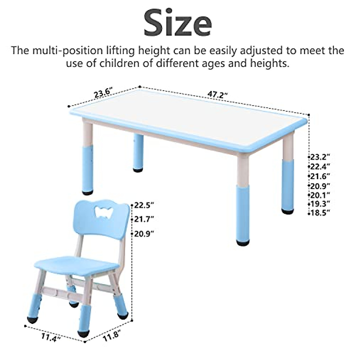 monleelnom Children's Table and Chair Set Suitable for Boys and Girls Age 2-12 Height Adjustable Table top Can be Painted with 6 Seats Suitable for Family Learning Daily use (Sky blueBlue)