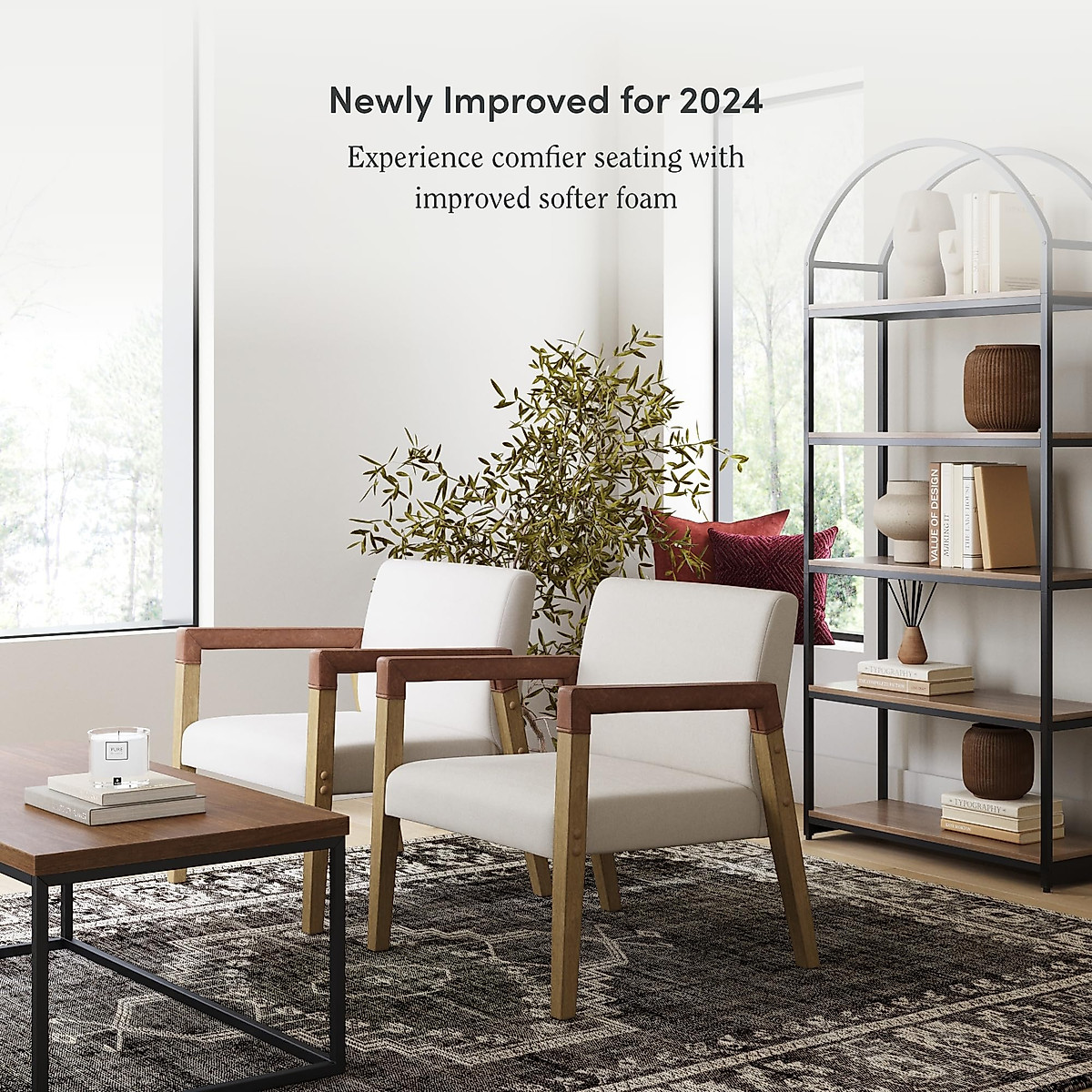 Nathan James Hudson Accent Living Room Chair, Comfy Reading Bedroom Chair, Mid-Century Wood Armchair, Upholstered Fabric and Leather Armrest