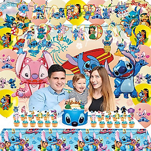 Stitch Birthday Decorations, Stitch Party Supplies Include Banner, Ballons, Tablecloth, Backdrop, Cake Toppers, Hanging Swirls, Cute Lilo Party Decorations for Birthday Party