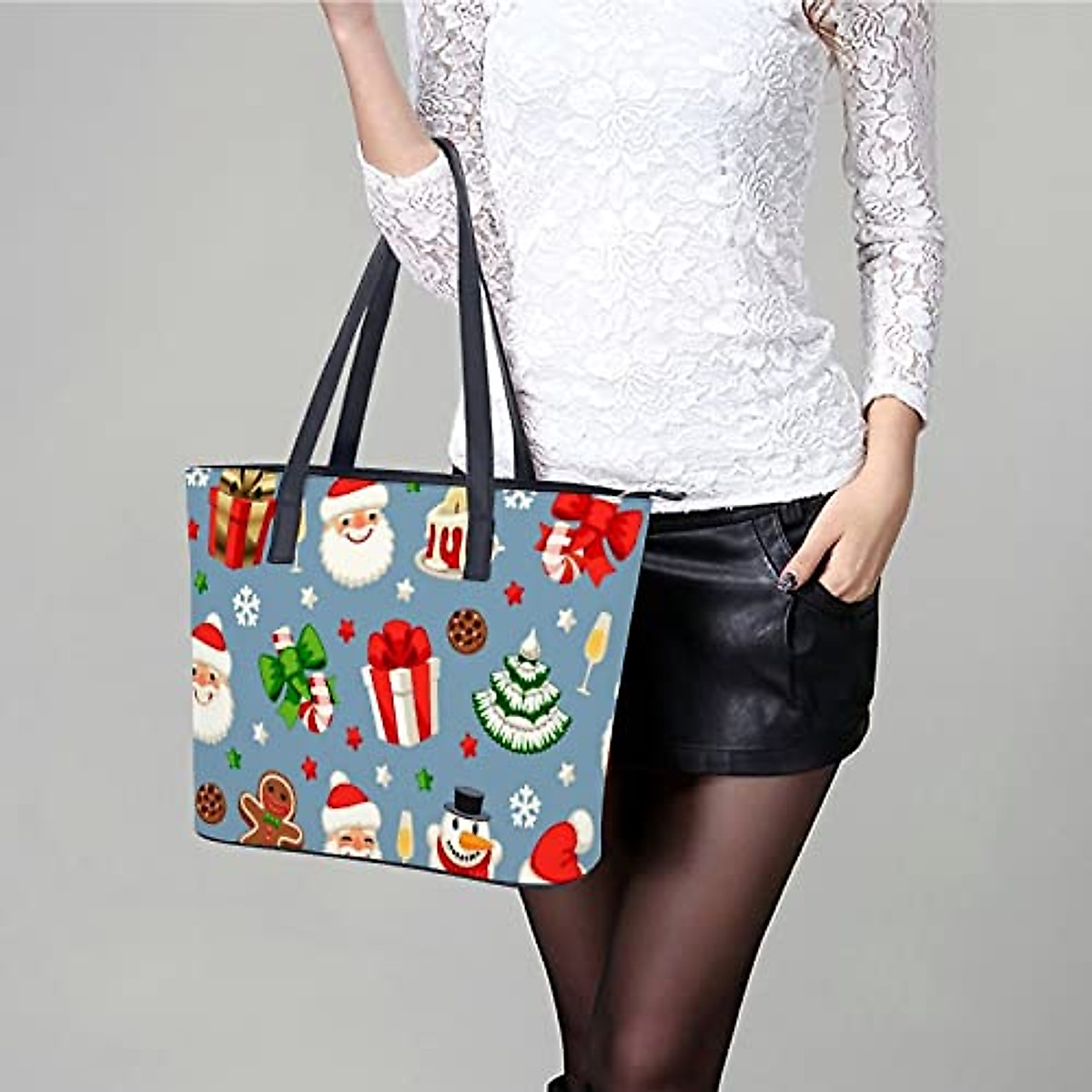 Christmas Santa Cookies Women's Tote Bag PU Leather Shoulder Bag Handbags Purse For Work Shopping Travel
