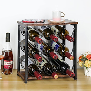 Brightever Wine Rack Countertop, Wood Wine Storage Cabinet Shelf, 3-Tier 9-Bottle Black Tabletop Wine Bottle Holder, Freestanding Wine Bottles Organizer, Wine Rack for Home Kitchen Pantry Bar