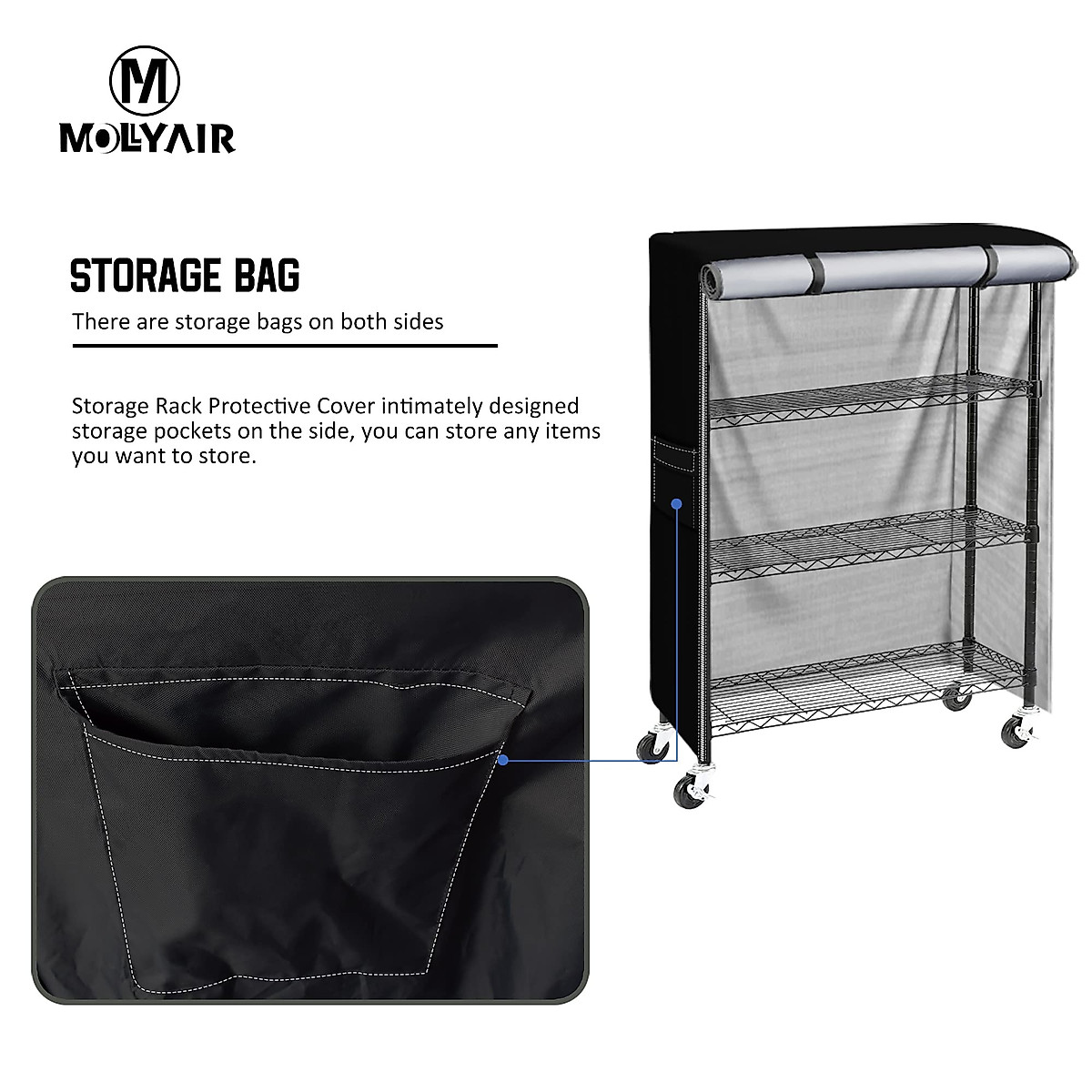 MOLLYAIR Shelf Cover Wire Rack Cover Storage Rack Cover Used to Cover Sundries, Cover for Storage Shelves Suitable for Rack 48x18x72in,Black,only Cover