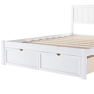 Modern Solid Wooden Platform Bed with Large Drawer Low Bed Frame with Headboard, No Box Spring Needed/Easy Assembly, Full White