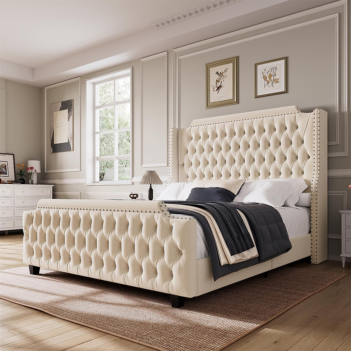 HOSTACK King Size Platform Bed Frame with 54" Tall Wingback Headboard & Deep Button Tufted Footboard, Velvet Upholstered Bed Frame with Handmade Pleats, Nailhead Trim, No Box Spring Needed, Cream