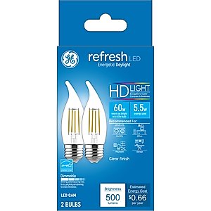 GE Refresh LED Light Bulbs, 60 Watt Eqv, Daylight, Decorative Clear Bulbs, Medium Base (2 Pack)