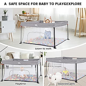 MEM Baby Playpen, Foldable Playpen for Babies and Toddlers, Indoor Outdoor Playpen Baby Activity Center with Zipper Gate, Pop Up Portable Playpen Play Yard for Baby, 49"x49", Grey