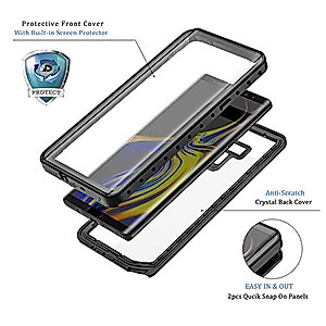 Lanhiem for Galaxy Note 9 Phone Case, IP68 Waterproof Dustproof Shockproof Case with Built-in Screen Protector, Full Body Underwater Protective Clear Cover for Samsung Galaxy Note 9, Black