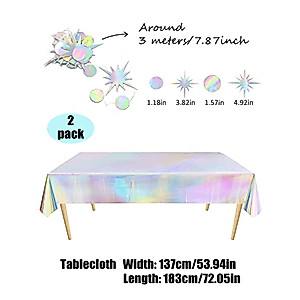 Iridescence Plastic Table Cloths for Parties 2 Pack Disposable Rectangle Holographic Foil Party Wedding Christmas Birthday Party Decorations with 2 Pack Star Garland Party Decorations Banner (Laser)