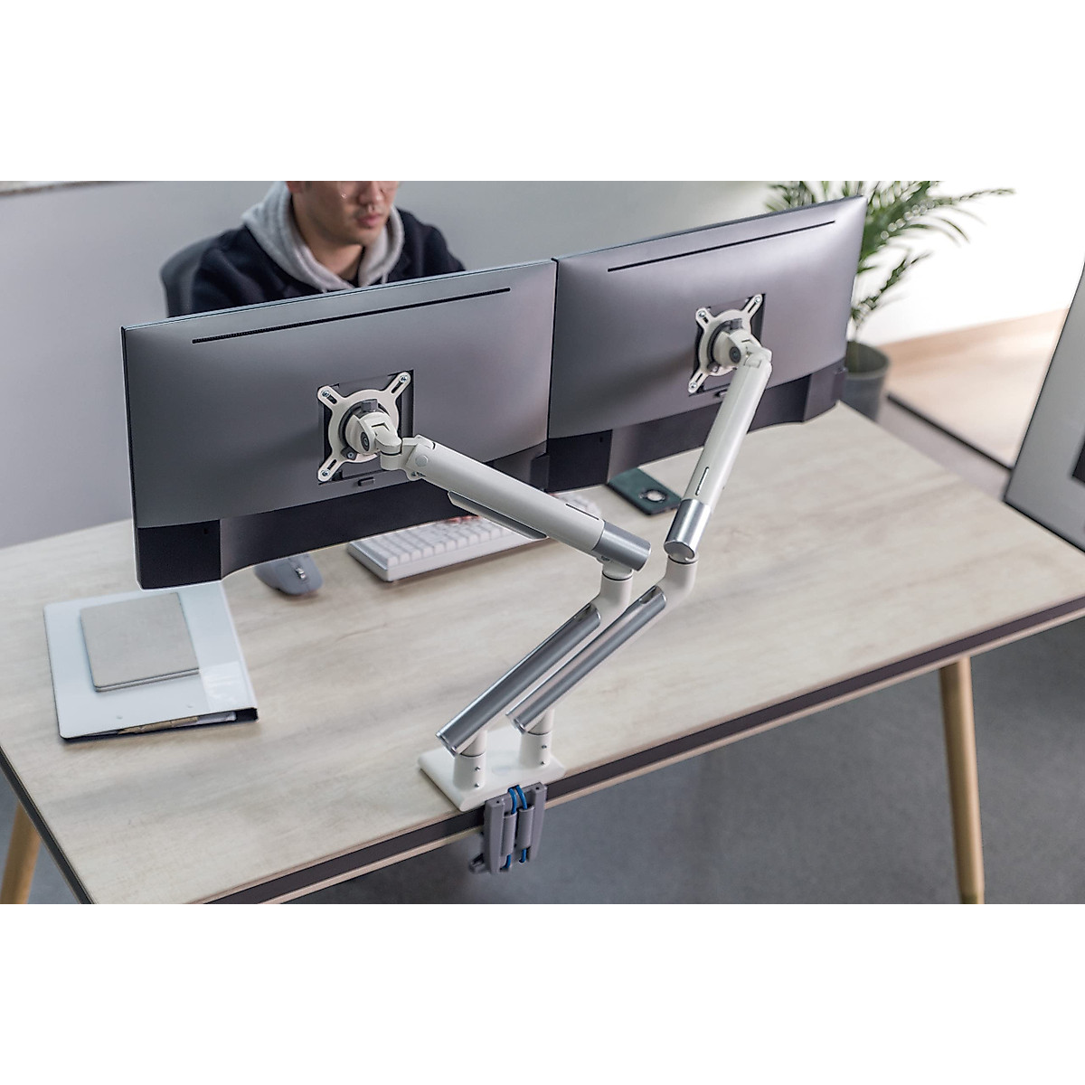 POUT E12 Dual Monitor Arm Mount Stand for Desk- Adjustable Full Motion Tilt/Swivel/Rotate 4-20lbs Capacity 75x75mm 100x100mm VESA 17"-32" Display Each - Extends 19" Forward & 17" High (White/Silver)