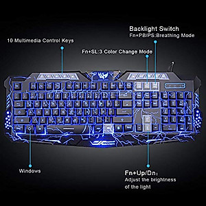 BlueFinger Backlit Gaming Keyboard and Mouse and LED Headset Combo,USB Wired 3 Color Crack Backlit Keyboard,Blue LED Light Gaming Headset,Gaming Keyboard Mouse Headphone Set for Work and Game