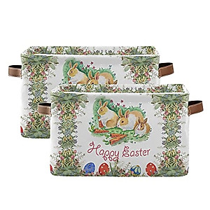 ALAZA Happy Easter Bunny Rabbit Egg Floral Foldable Storage Box Storage Basket Organizer Bins with Handles for Shelf Closet Living Room Bedroom Home Office 2 Pack