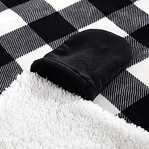 Dearfoams Black and White Buffalo Check Printed Royal Plush with Sherpa Reverse Adult Hooded Throw, 50"x60"