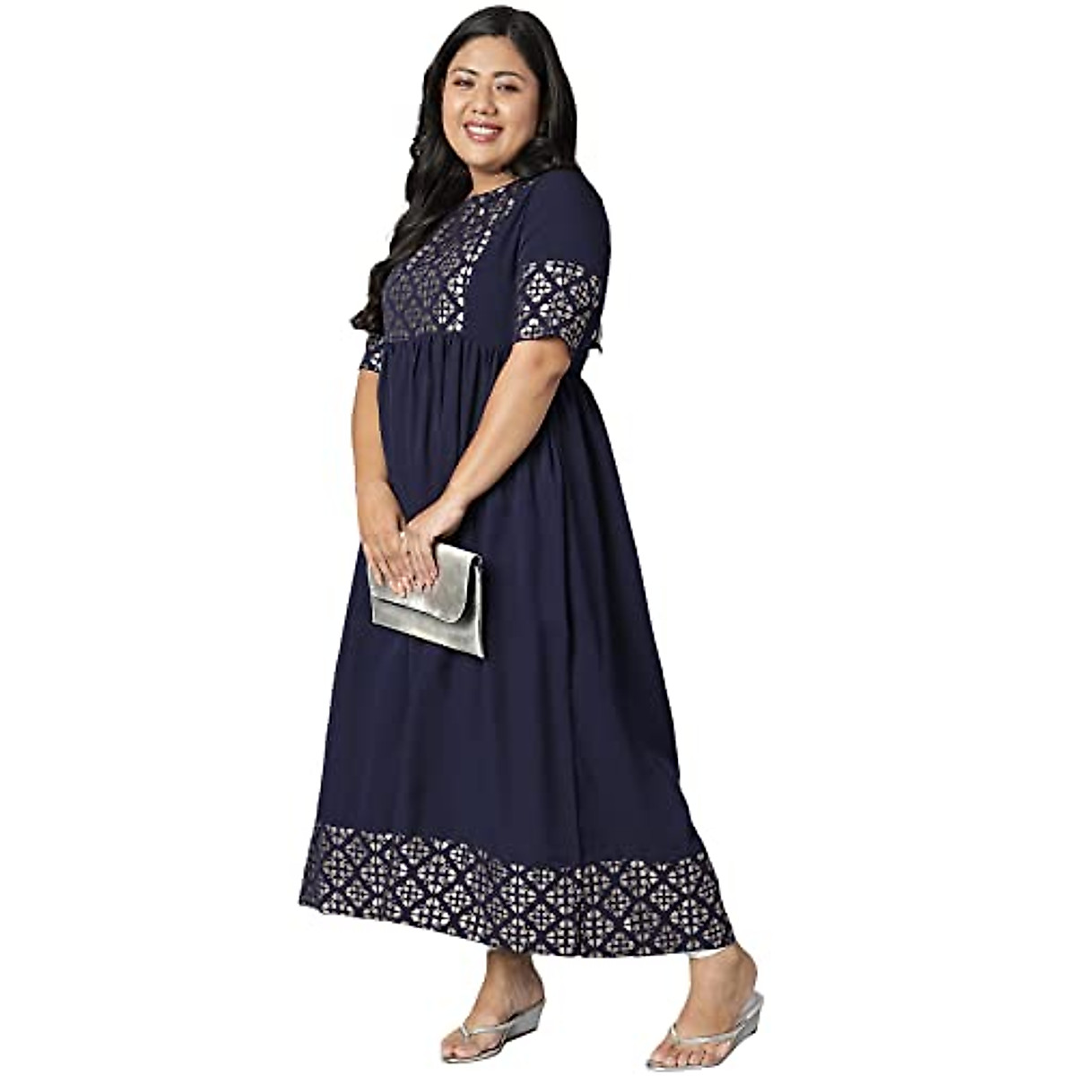 Janasya Indian Women's Plus Size Dark Blue Poly Crepe Kurta(PJNE3363-KR-A-5XL)