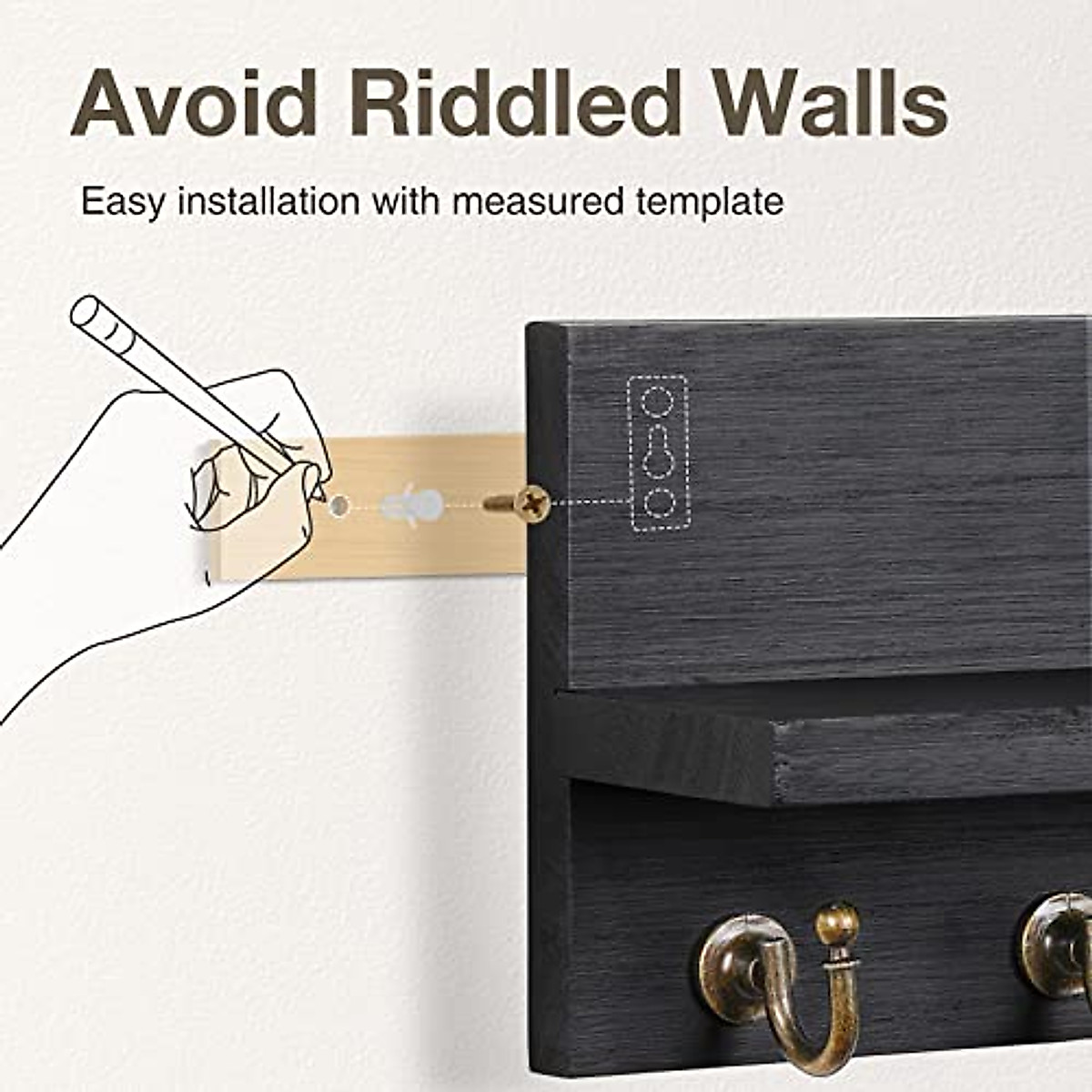 rorecay Key and Mail Holder for Wall: Easy Install Rustic Key Hooks for Wall with Measured Template, Wooden Key Rack with Metal Mail Slot for House Entryway Decor, Black