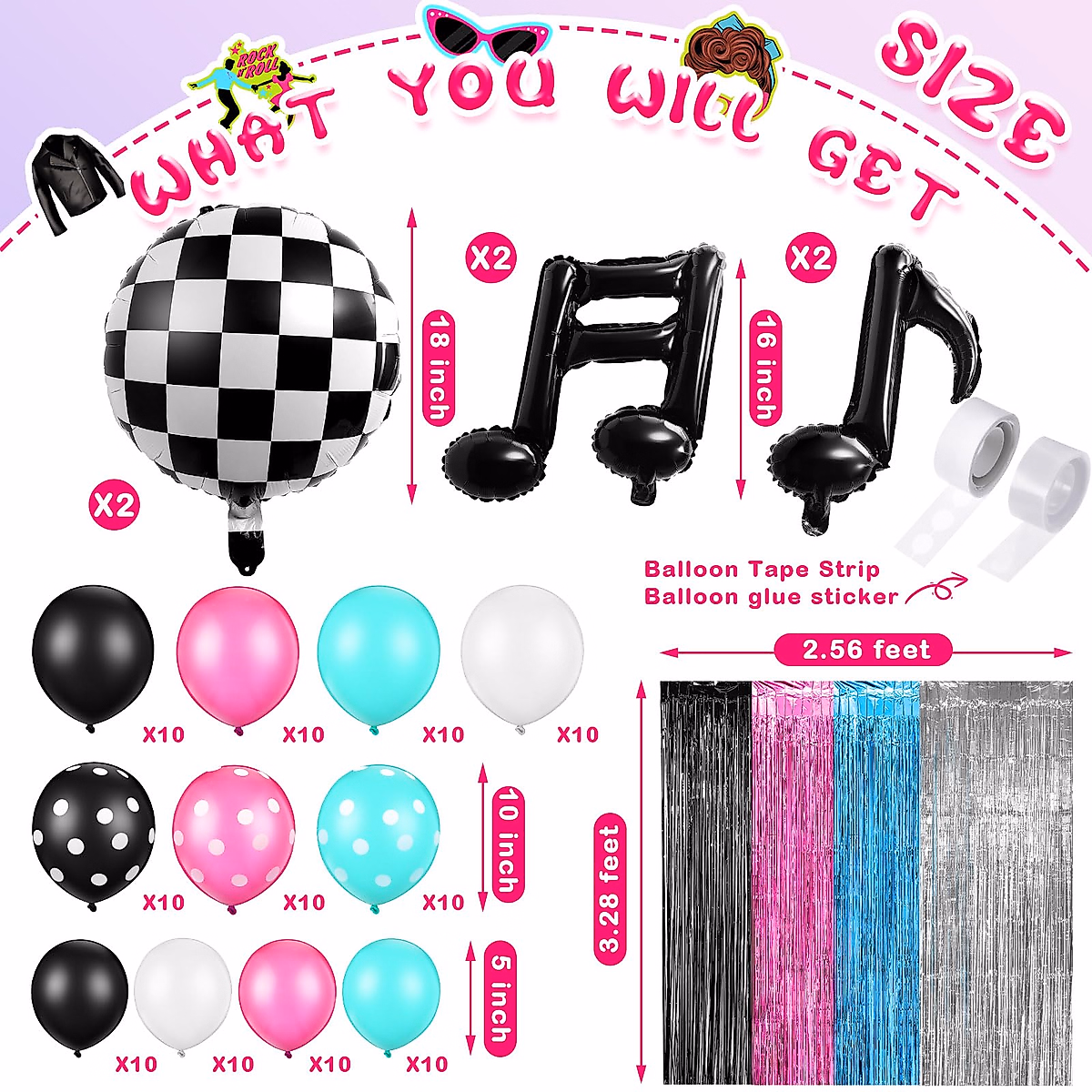 Jecery 122 Pcs 50's Music Theme Birthday Party Decorations Karaoke Rose Red Blue Black Tinsel Curtains Music Note Balloons Karaoke Music Party Supplies Photo Backdrop