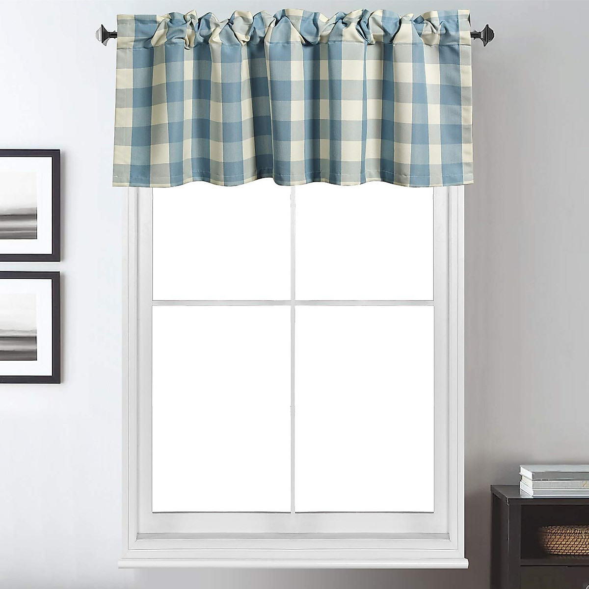 VOGOL Buffalo Check Valance for Windows, Blue and White Kitchen Garden Farmhouse Valance 18 Inch Long Rod Pocket Valance for Small Windows, One Panel