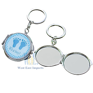 12 PCS Personalized Baby Shower Blue Boy Mirror Keychain Favors with Baby Footprint Design Custom Engraving Gift