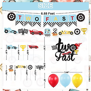 Race Car Two Fast Party Decorations Supplies Racing Theme 2nd Birthday Party Banner Race Car Second Birthday Cake Topper Checkered Flags Balloons for Let's go Racing Theme Sports Event Party Supplies