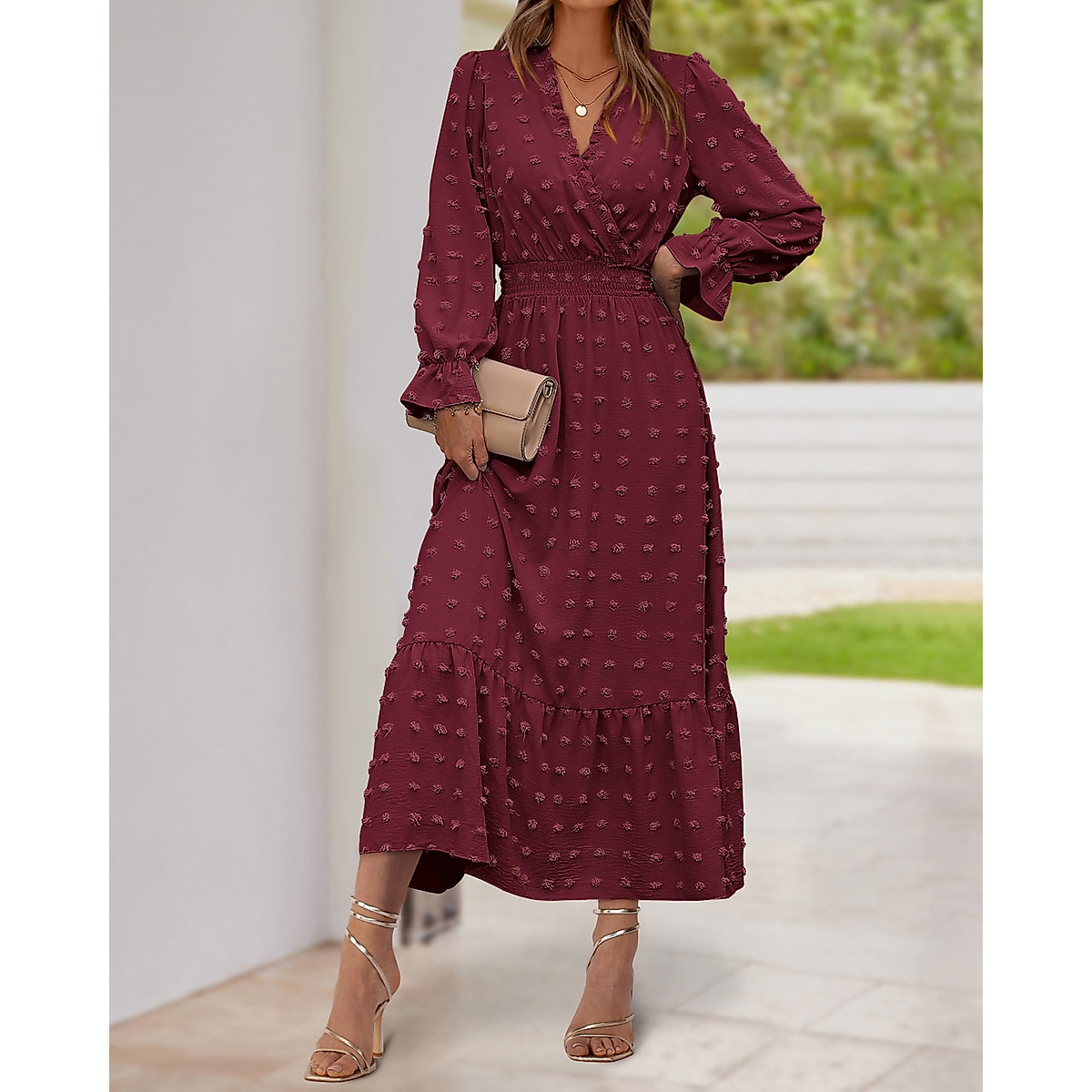 BTFBM Women Spring Dresses 2025 Long Sleeve V Neck Swiss Dots Maxi Dress Boho Long Dress High Waisted A-Line Ruffle Dress(Solid Wine Red,Medium)